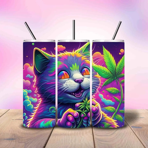Marijuana Weed Kitty Psychedelic - Fully Completed Tumbler Skinny Stra ...